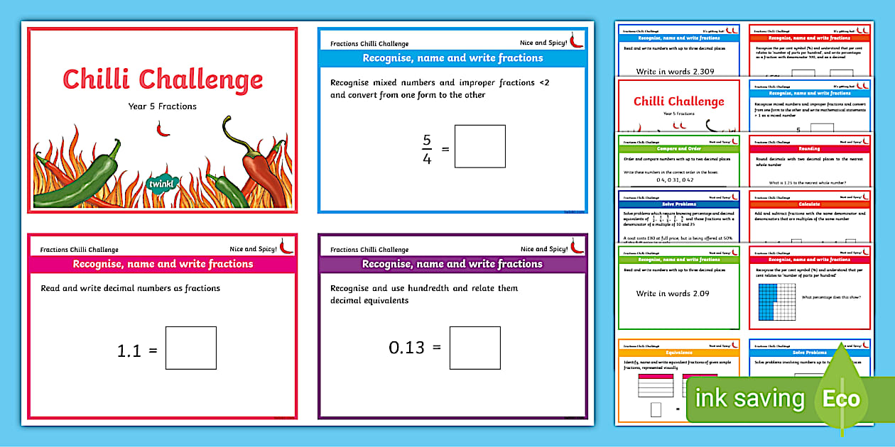Year 5 Maths Fractions Chilli Challenge Cards - Twinkl