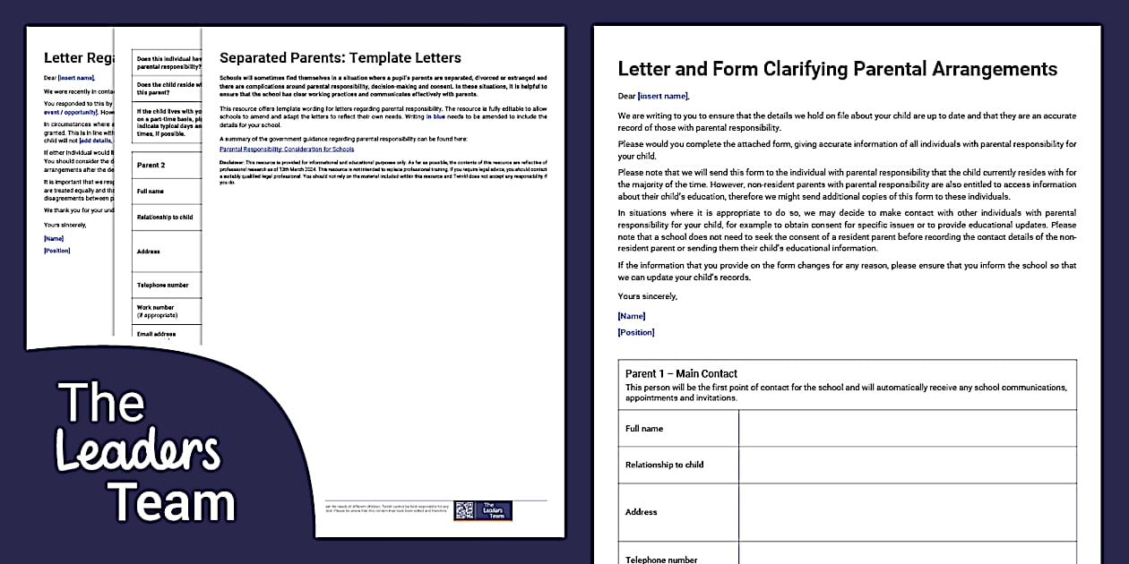 Separated Parents: Template Letters - leaders (teacher made)