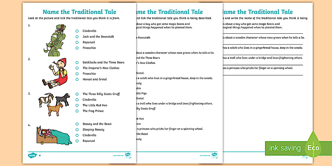 Name the Traditional Tale Worksheet (teacher made) - Twinkl