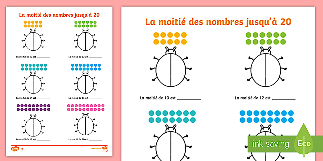 Feuille d'activités différenciée : La moitié des nombres jusqu'à 20