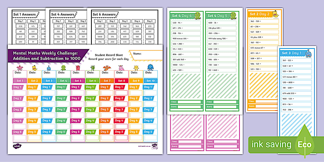 Mental Maths Weekly Challenge: Addition and Subtraction to 1000 Activity
