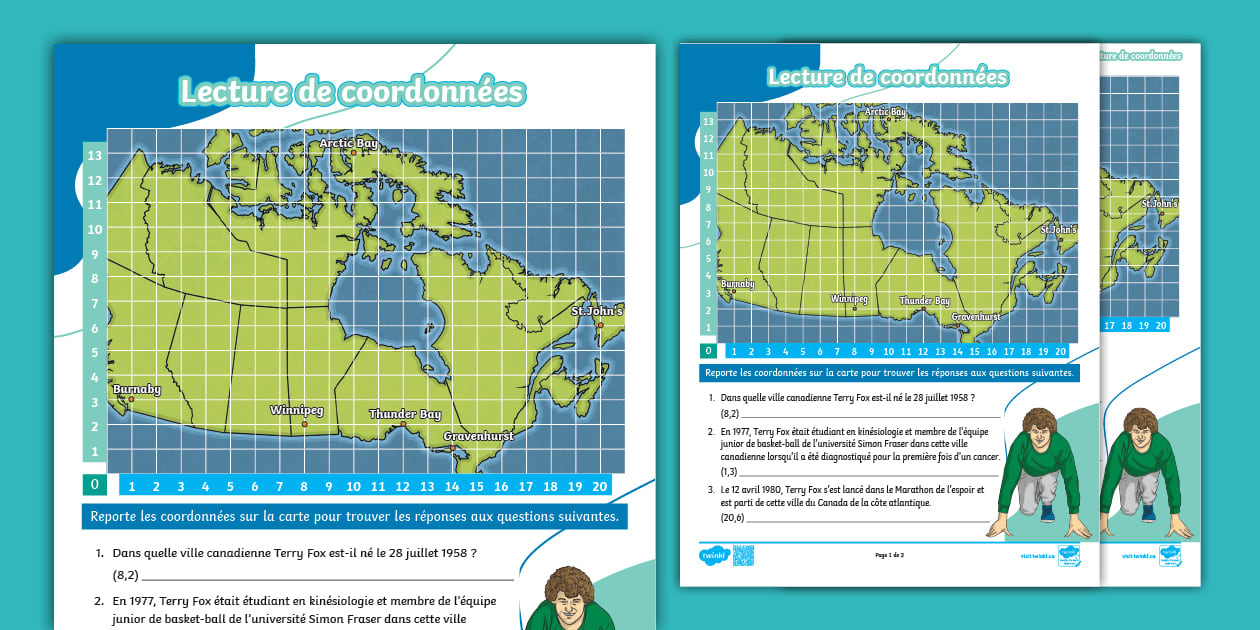 Lecture de coordonnées - Terry Fox - Twinkl