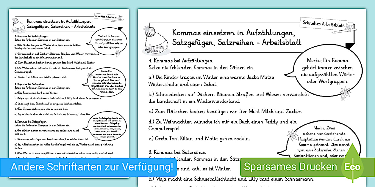 Kommas Einsetzen in Aufzählungen, Satzgefügen, Satzreihen - Arbeitsblatt