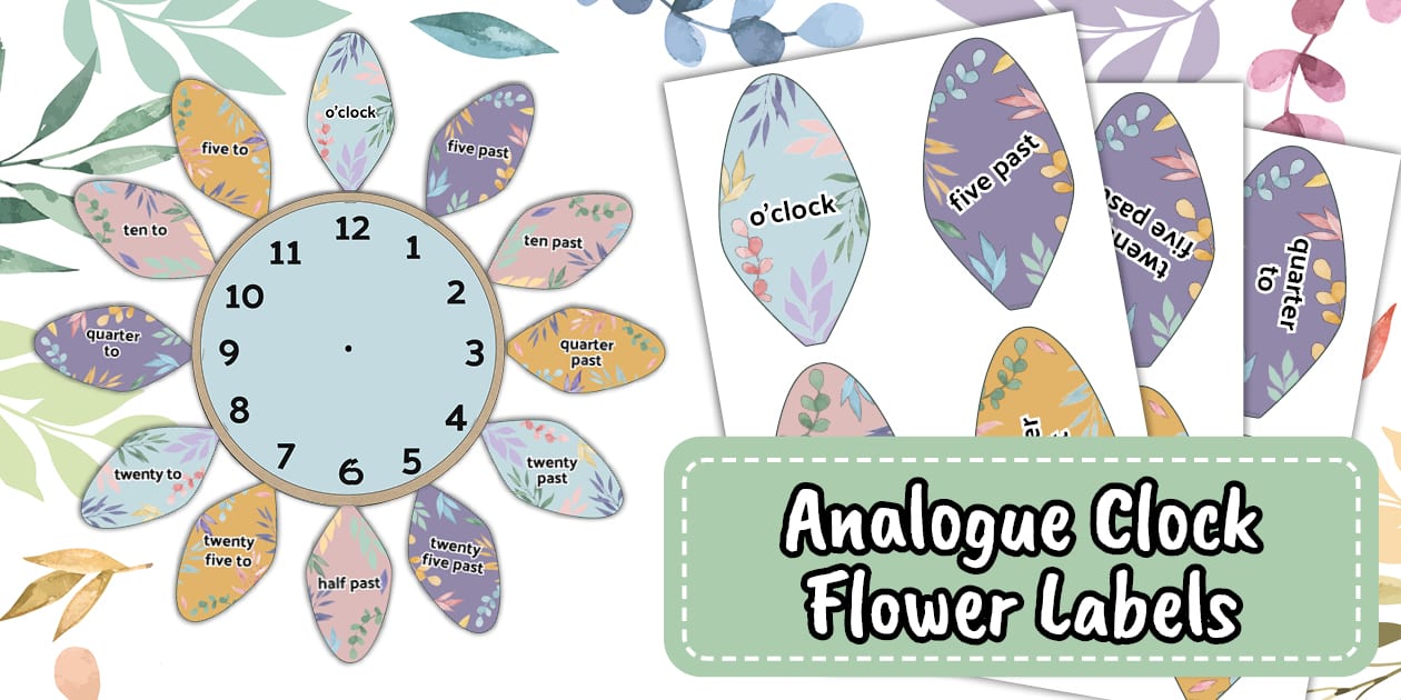 Colourful Botanical Themed Analogue Clock Flower Labels Cut-Outs