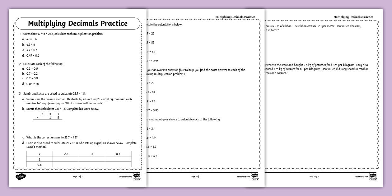 Seventh Grade Multiplying Decimals Practice - Twinkl