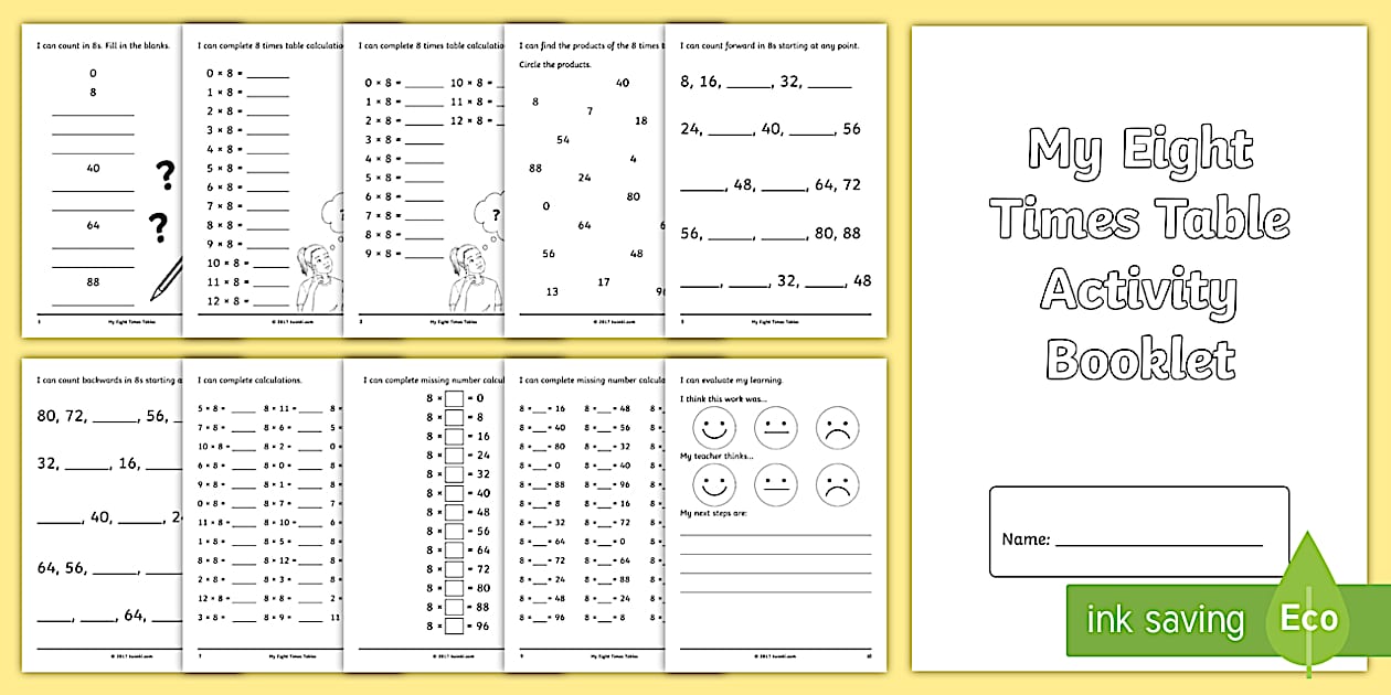 Editable Eight Times Table Activity Booklet (teacher made)