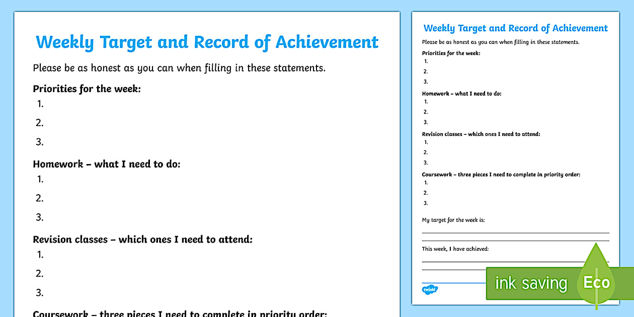 Black and White Weekly Target and Record of Achievement Young People