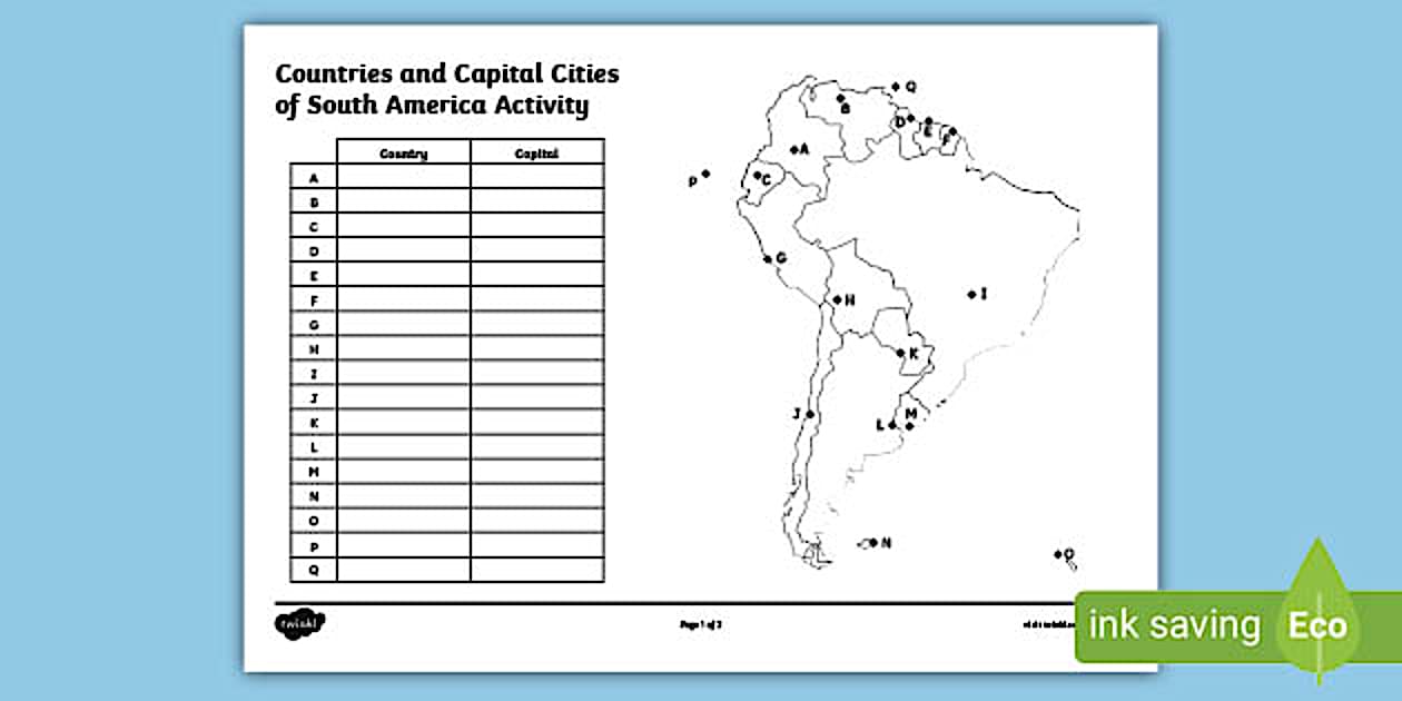 The Countries and Capital Cities of South America Labelling Worksheet
