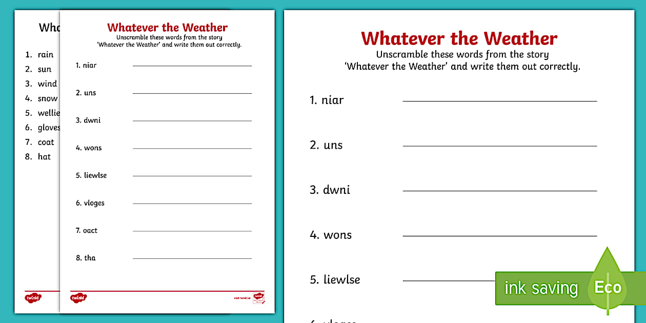 Black and White Whatever the Weather Word Scramble Worksheet