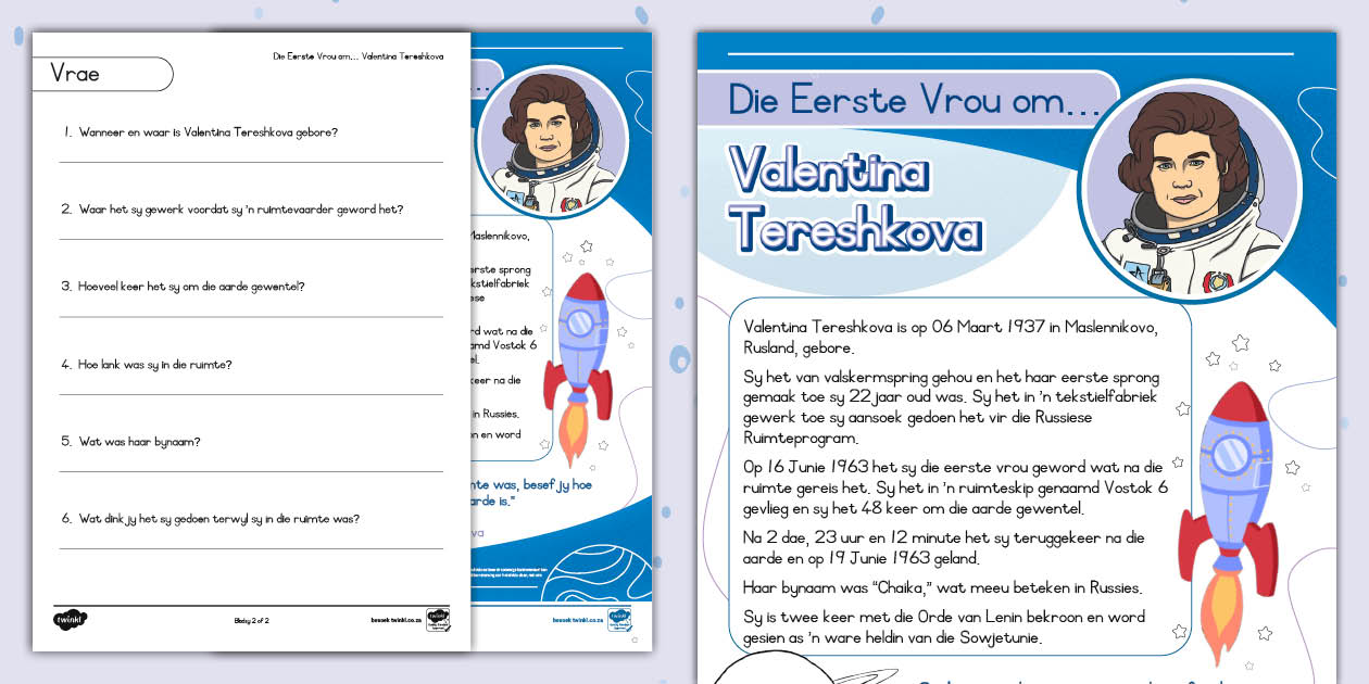 Die Eerste Vrou om... Valentina Tereshkova Leesbegripkaart 2