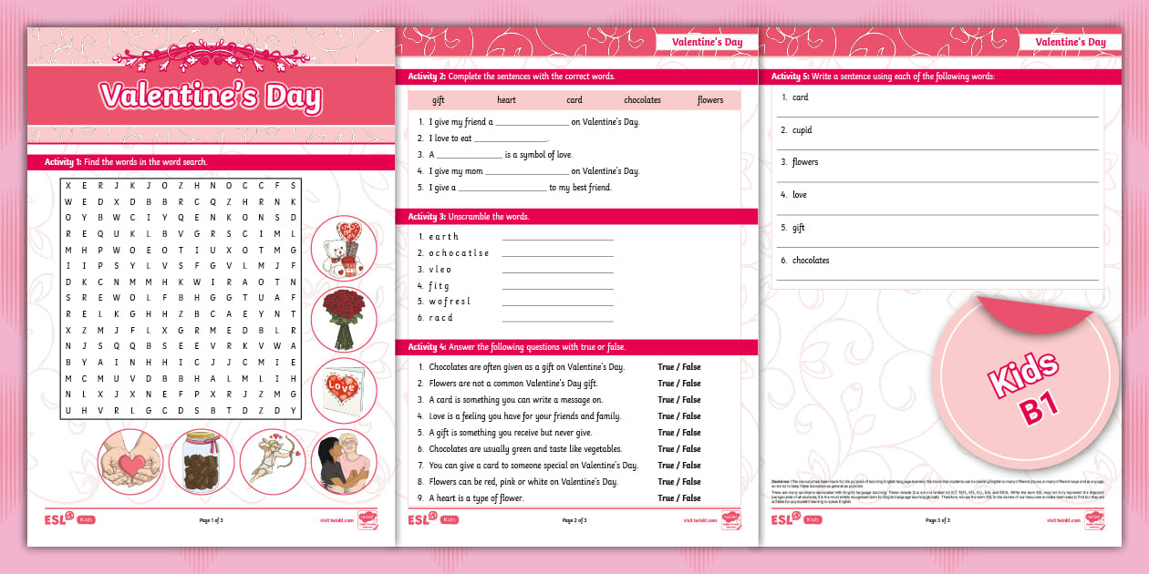ESL Valentine's Day Activity Sheet [Kids, B1] - Twinkl