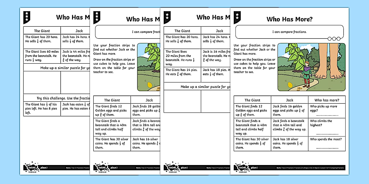 Higher Ability Find and Compare Fractions 1/2, 1/4, 1/3 or 3/4 ...