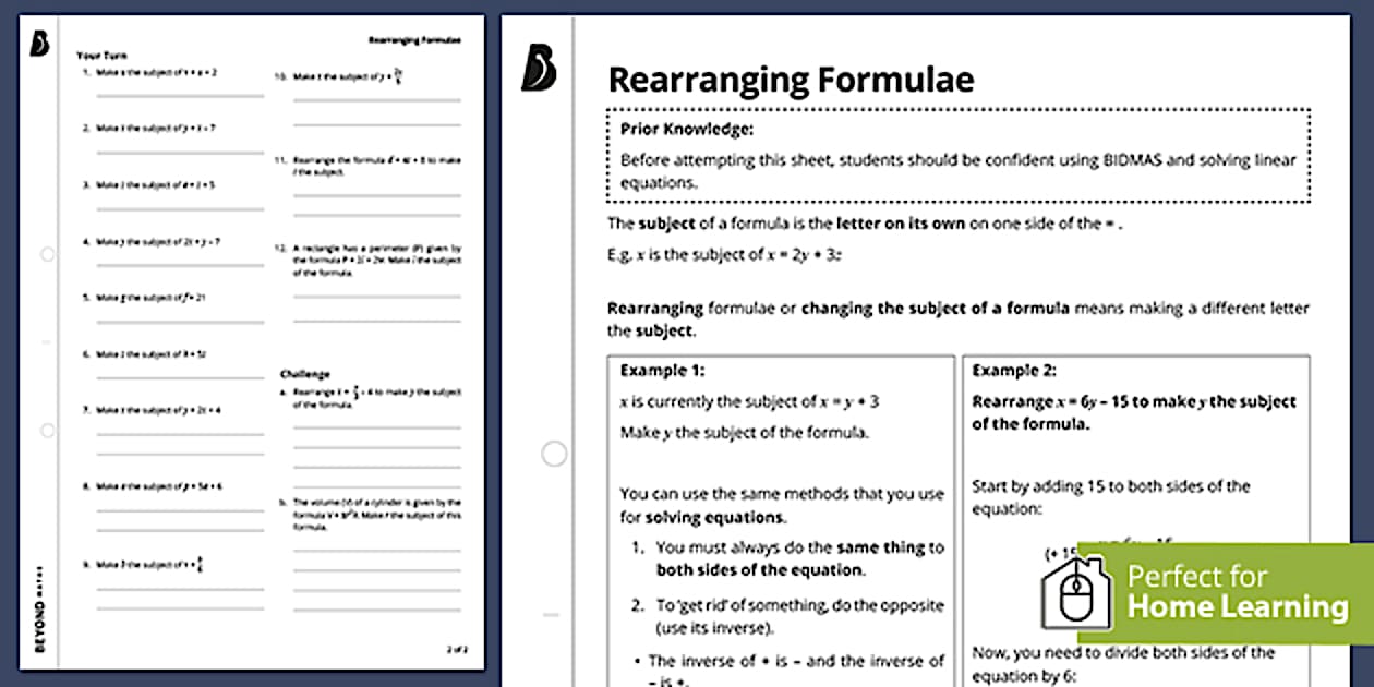 👉 Rearranging Formulae Worksheet - Home Learning | KS3