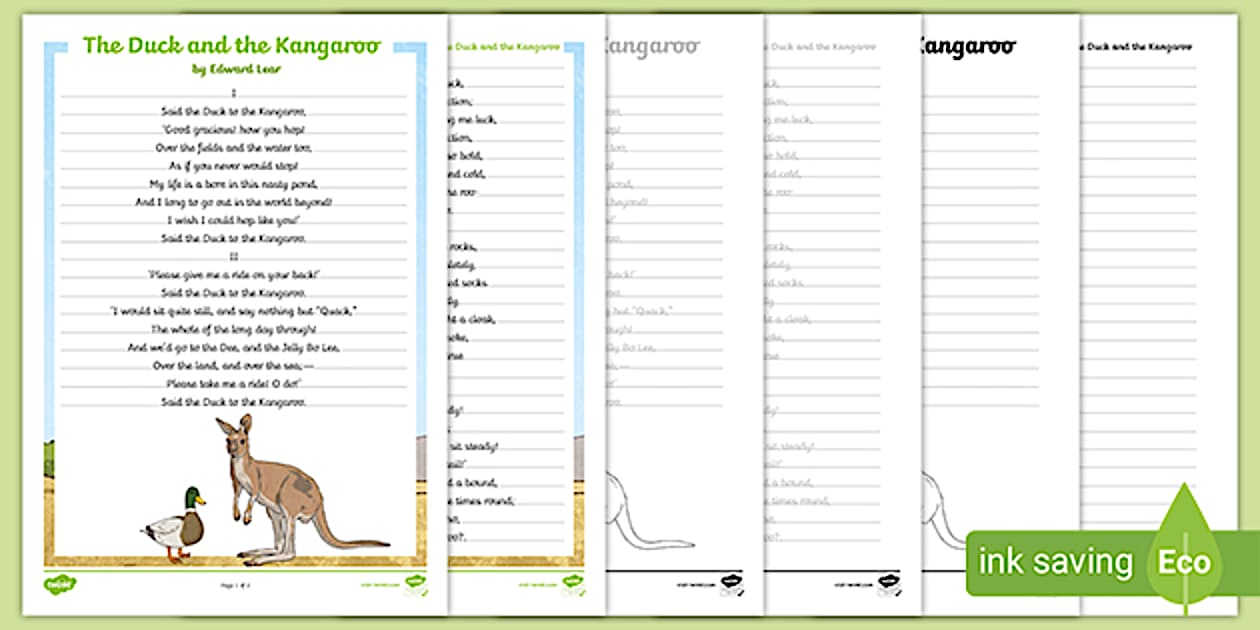 Black and White The Duck and the Kangaroo Edward Lear Poem Handwriting