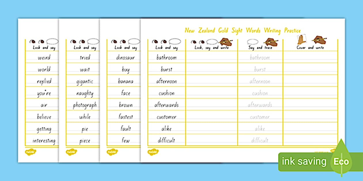 New Zealand Gold Sight Words Writing Practice (teacher made)