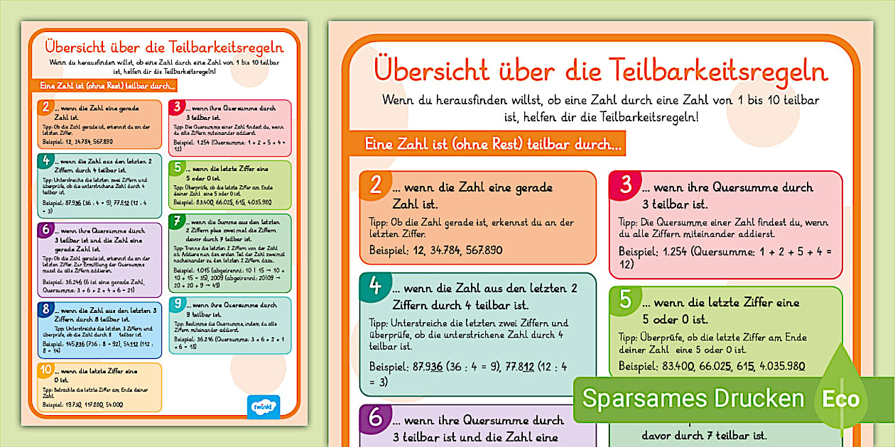 Übersicht über die Teilbarkeitsregeln | Grundschule Merkblatt