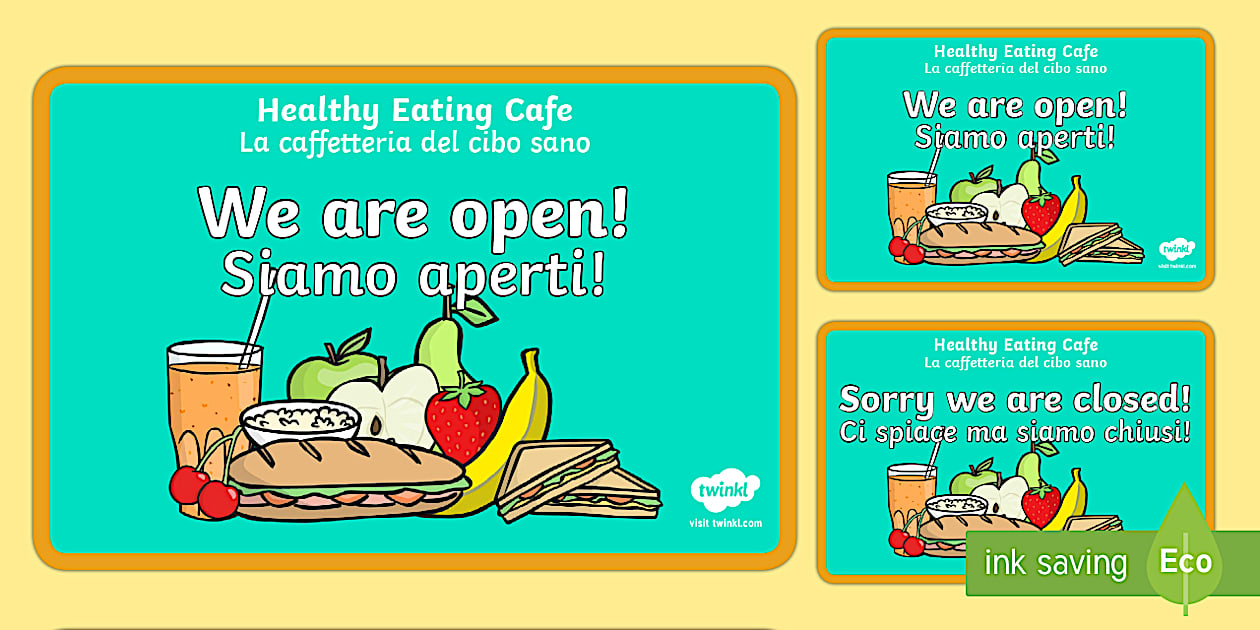 Black and White Healthy Eating Cafe Role Play Open and Closed Signs