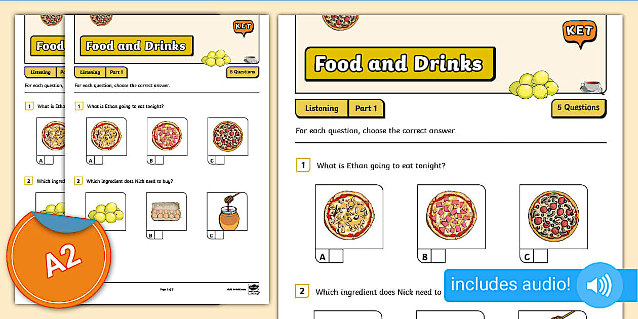 A2 Key (KET) Listening Part 1 Food and Drinks Exam Practice