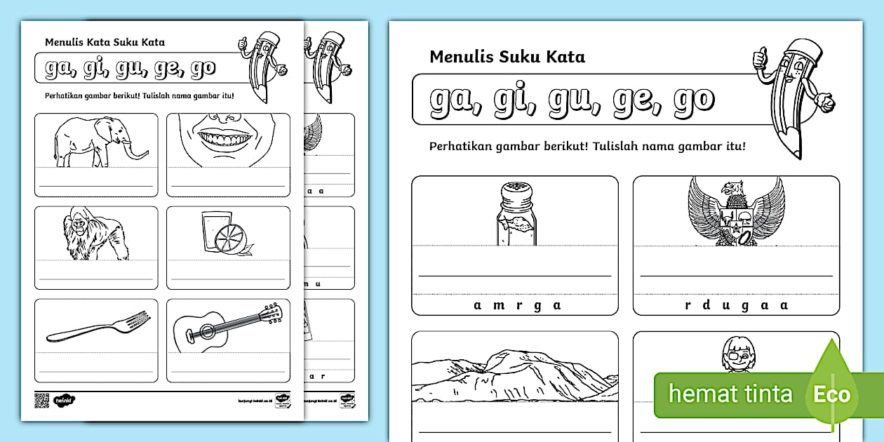 Worksheet Suku Kata ga, gi, gu, ge, go (teacher made)