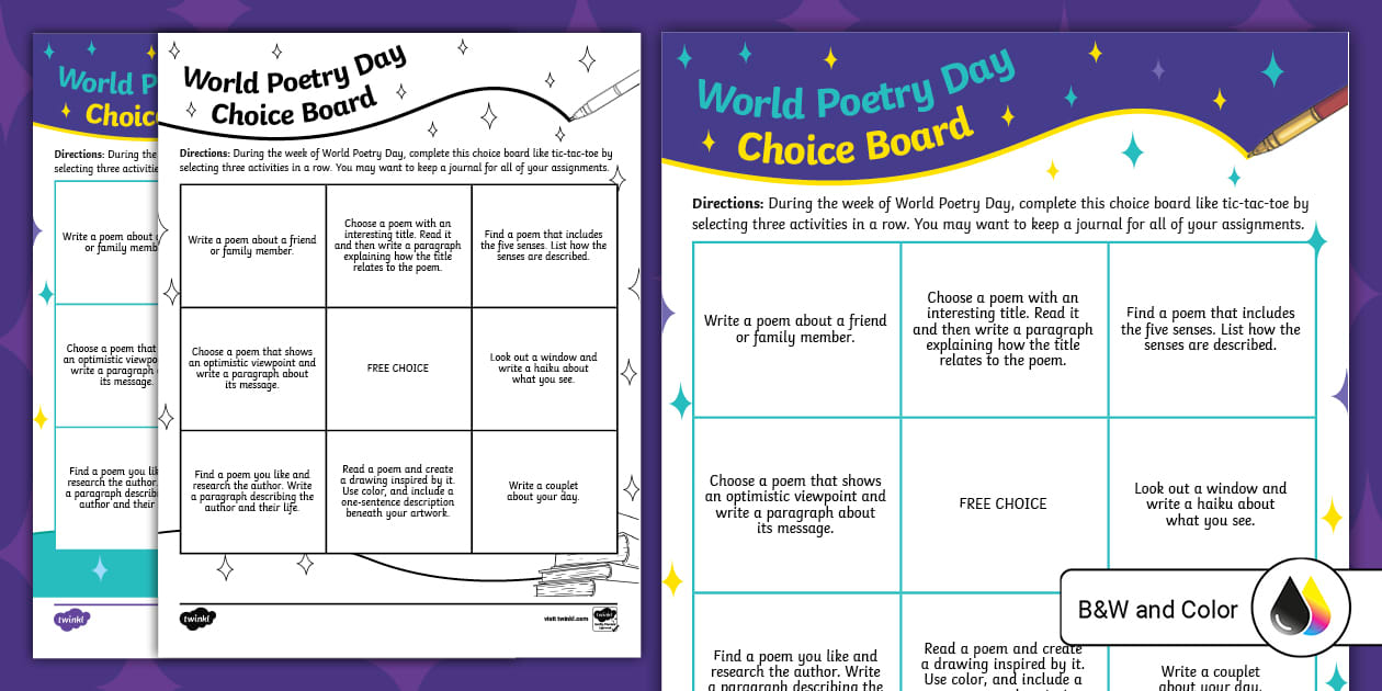 World Poetry Day Choice Board for 3rd-5th Grade - Twinkl