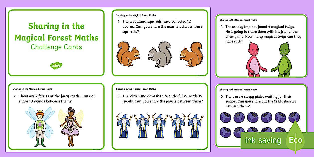 Sharing in the Magical Forest Maths Challenge Cards - Twinkl