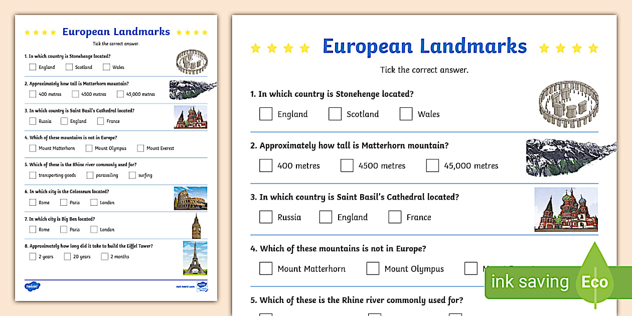 European Landmarks Paper Quiz (teacher made) - Twinkl