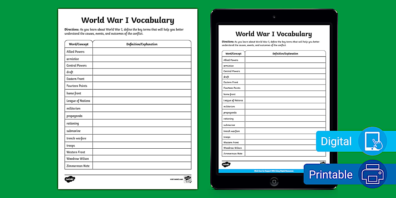 World War I Vocabulary Worksheet for 6th-8th Grade - Twinkl