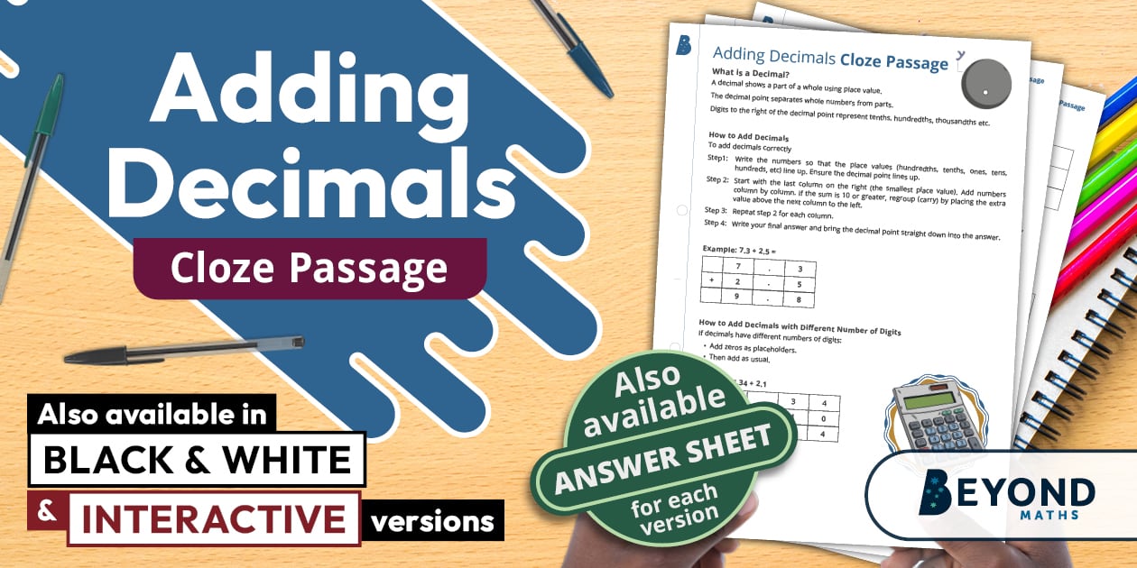 Adding Decimals Cloze Activity Sheet