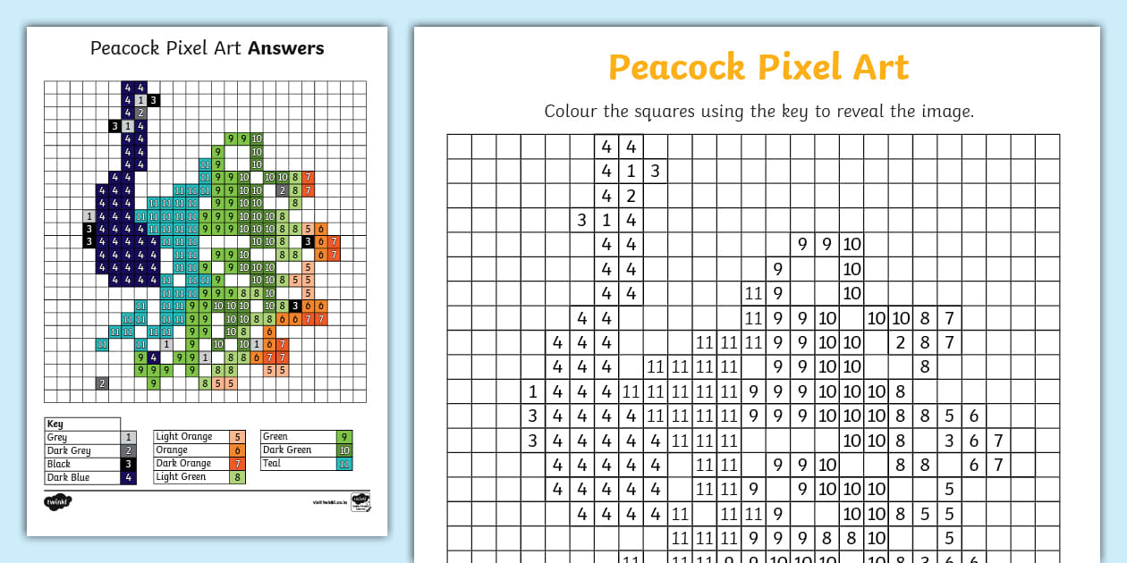 Peacock Pixel Art Template (teacher made) - Twinkl