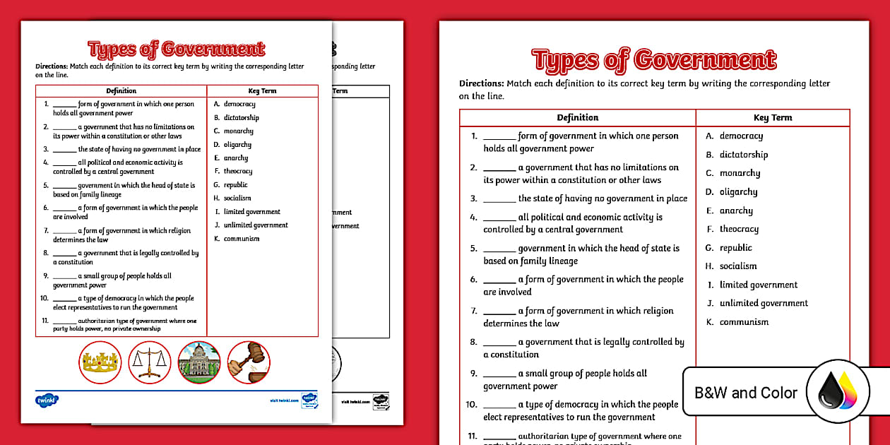 Types of Government Matching Worksheet for 6th-8th Grade