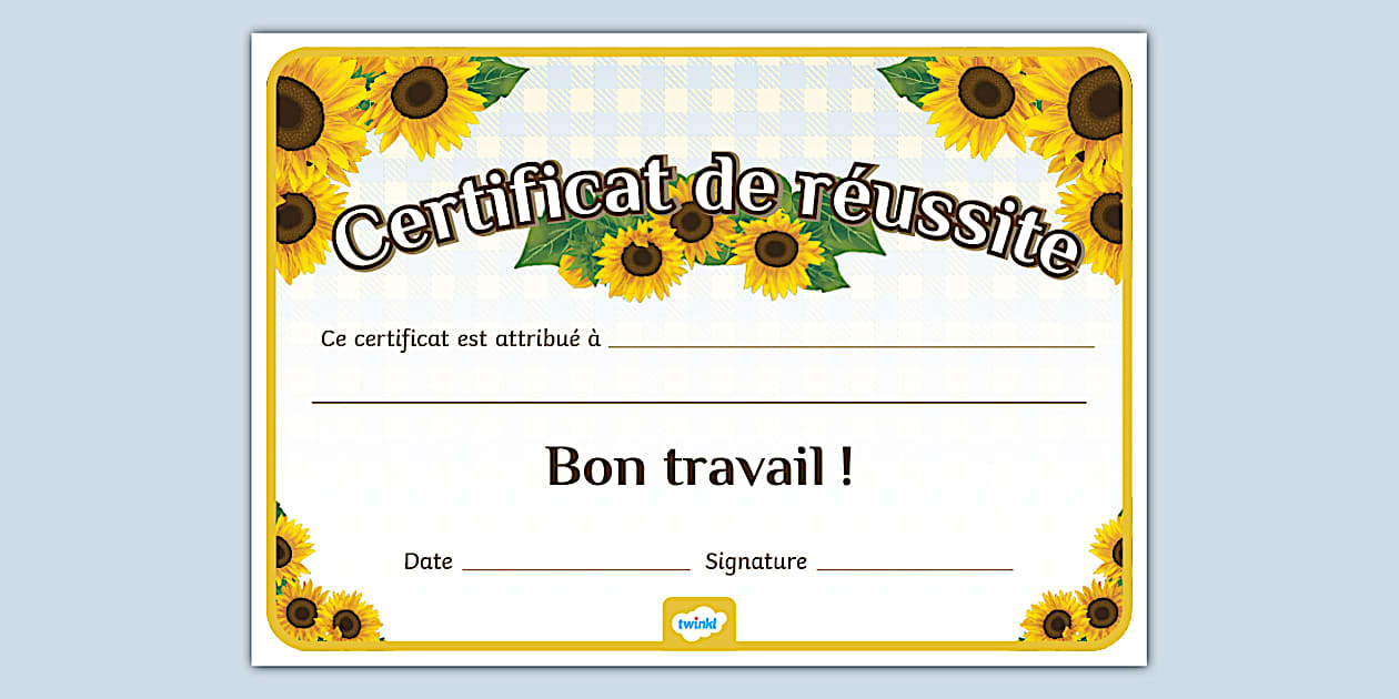 Certificat : Certificat de réussite sur le thème du tournesol