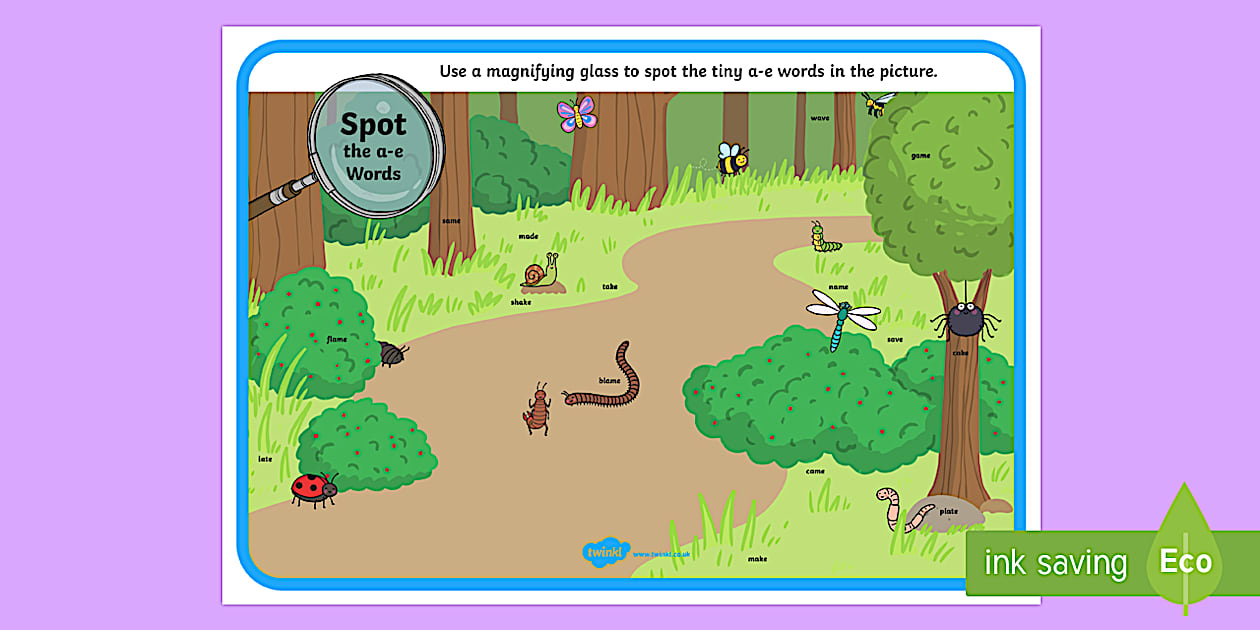 Black and White Phase 5 a-e Words Minibeasts Scene Magnifying Glass ...