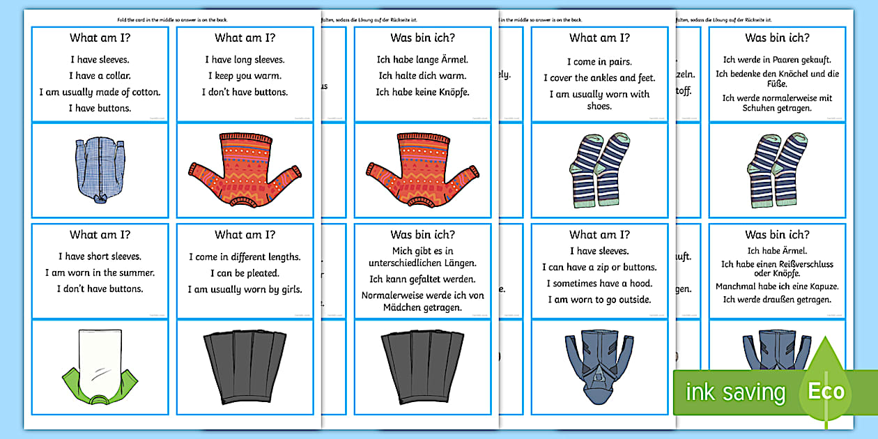 Editable What am I? Clothes Guessing Game Cards English/German