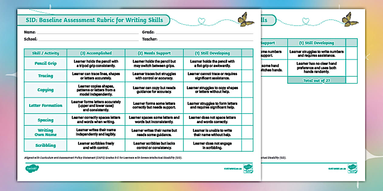 Gr 1 - 5 - Writing Skills - Baseline Assessment Rubric (CAPS for SID ...