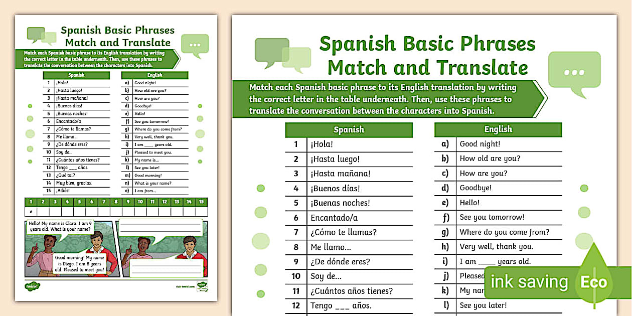 👉 Spanish: Basic Phrases Match and Translate - Twinkl