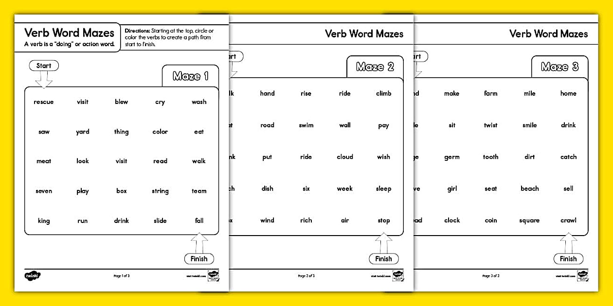 Verb Word Mazes for 1st-2nd Grade (professor feito) - Twinkl