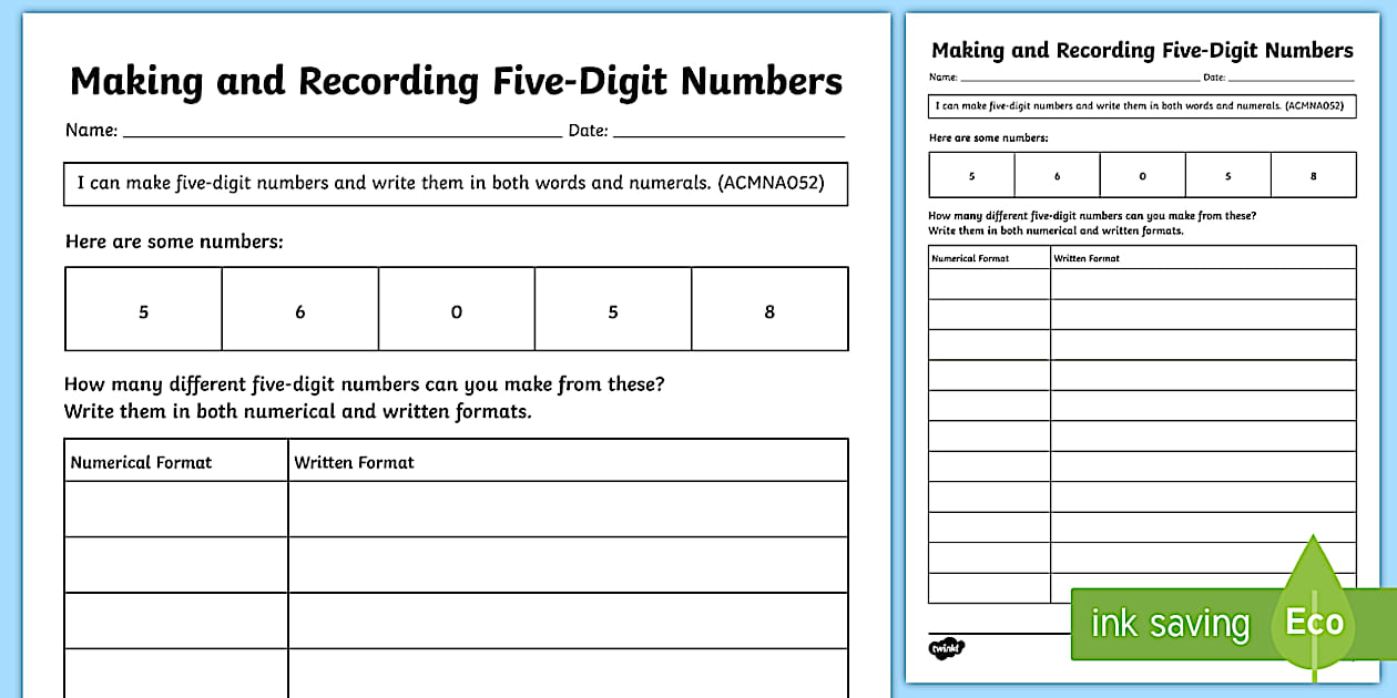 Making and Recording Five-Digit Numbers Open-Ended Worksheet / Worksheet
