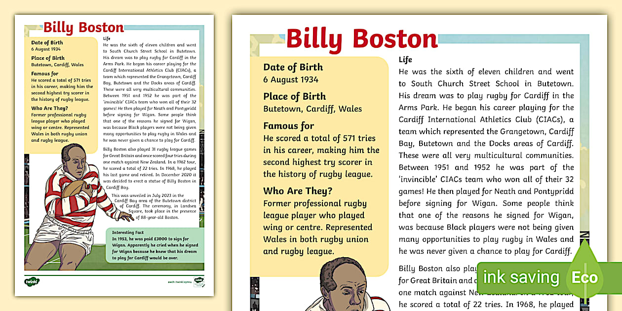 Billy Boston Fact File (teacher made) - Twinkl