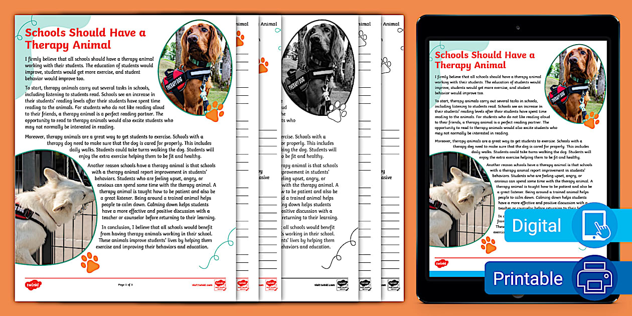 Persuasive Writing Comprehension - Therapy Animals - Twinkl