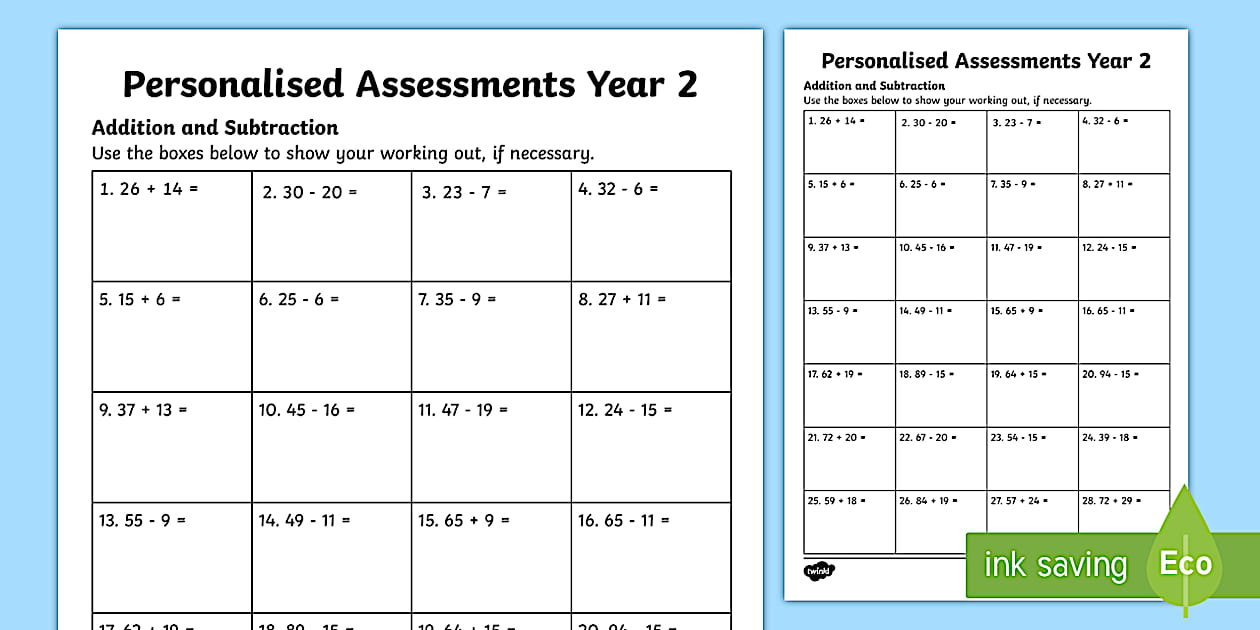 Lower Ability Personalised Assessments Year 2 Addition and Subtraction