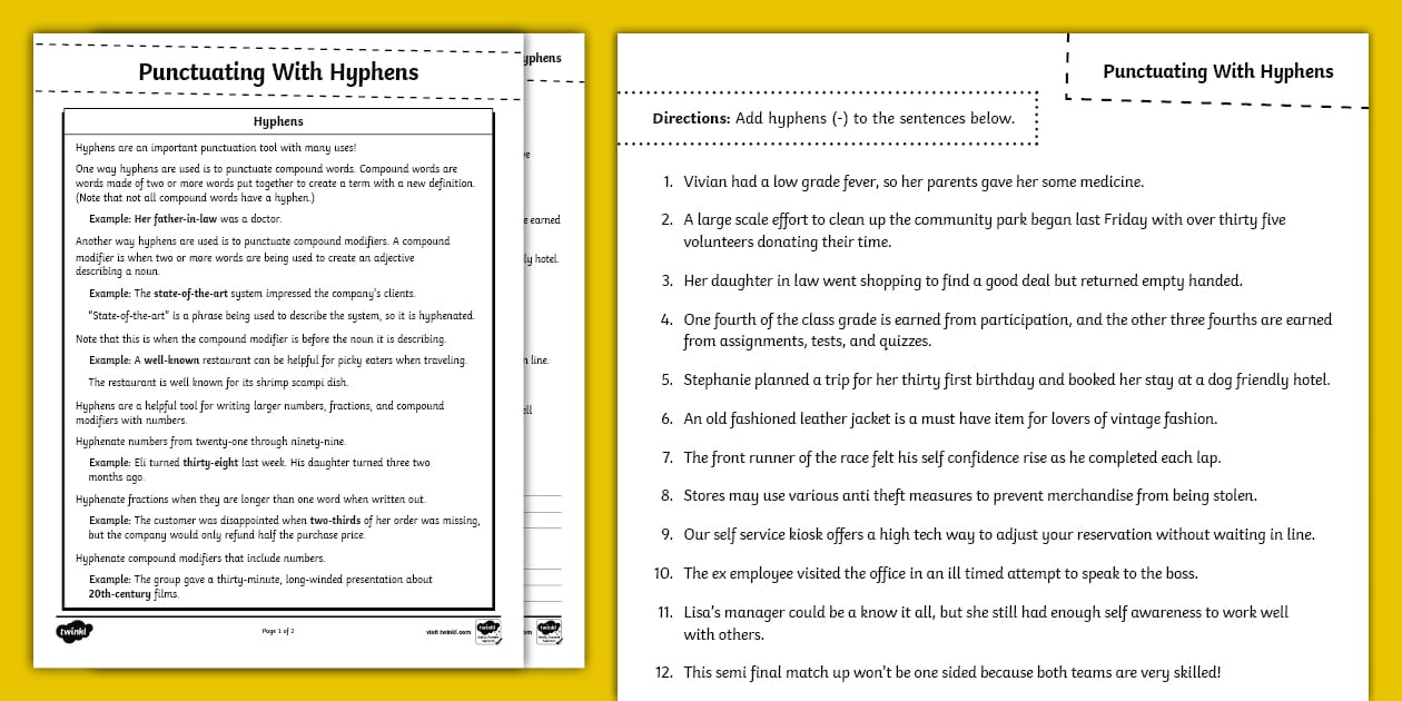 Sixth Grade Punctuating with Hyphens Activity Sheet - Twinkl