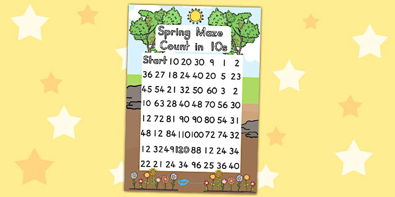 Black and White Spring Counting in 10s Maze Worksheet (Australia)
