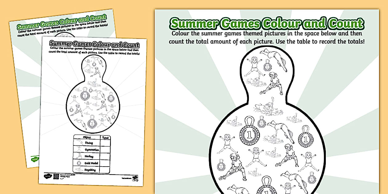 👉 Summer Games Colour and Count Worksheet - Twinkl