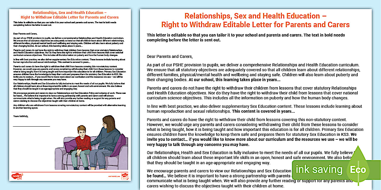 Right to RSE Withdrawal Letter Template for Staff - Twinkl