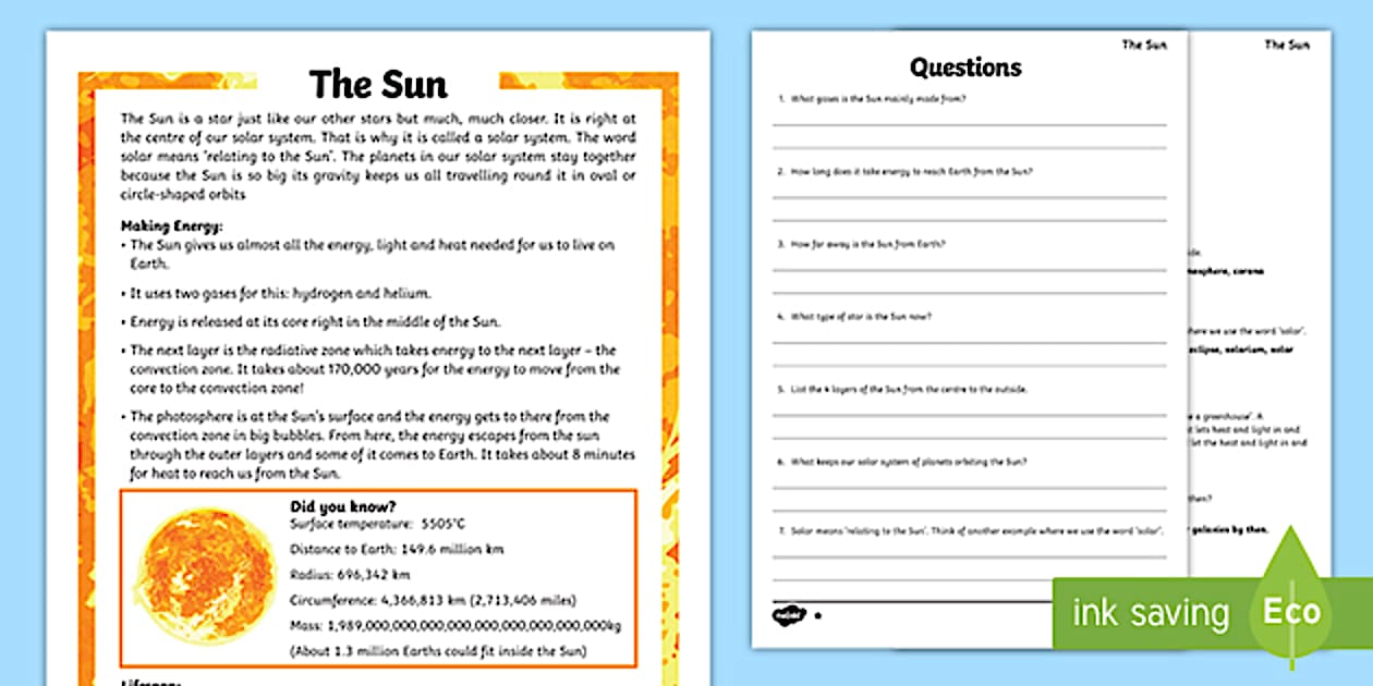 Ages 9-10 The Sun Reading Comprehension Activity - Twinkl