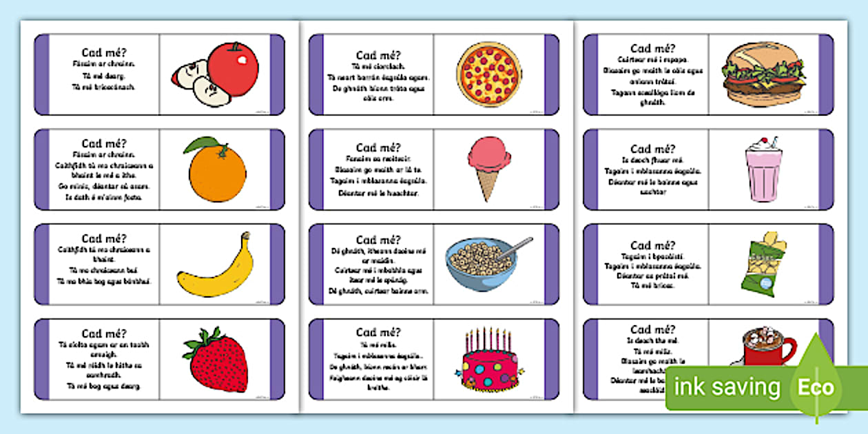 Junior Cycle 'What Am I?' Food-Themed Guessing Game Riddles Gaeilge