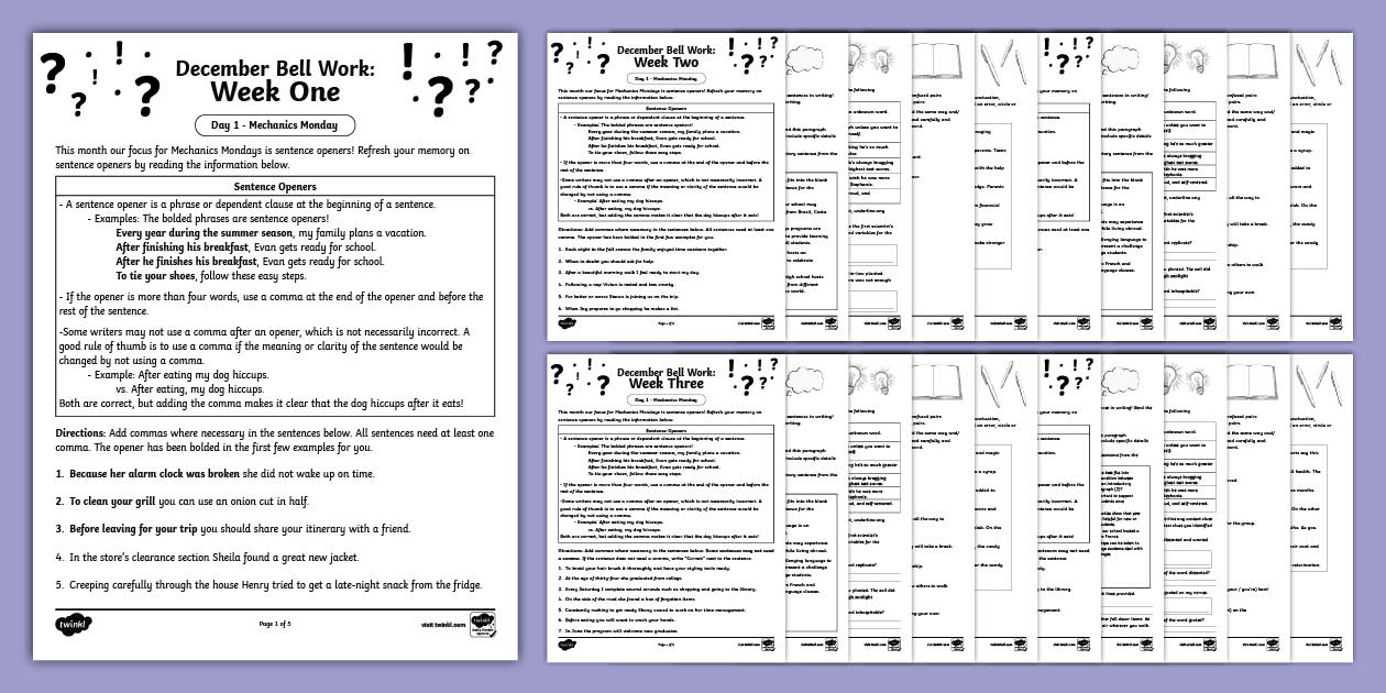 Sixth Grade ELA December Bell Work Bundle (teacher made)