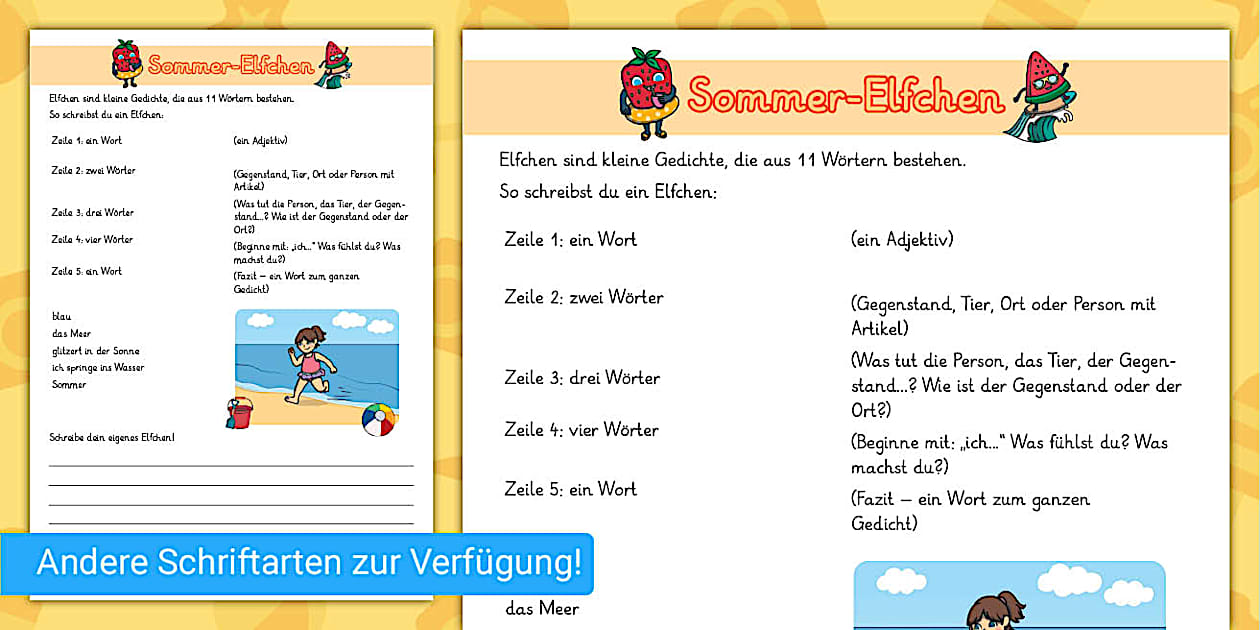 Sommerliche Elfchen-Schreibvorlage