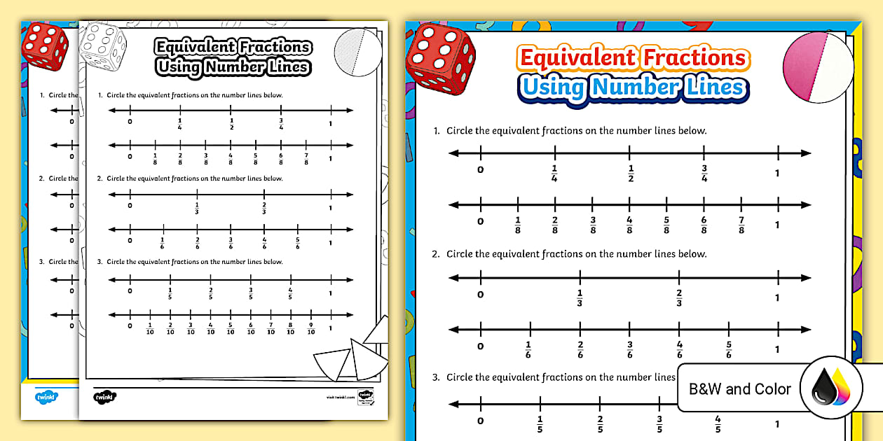 Third Grade Equivalent Fractions Using Number Lines Worksheet