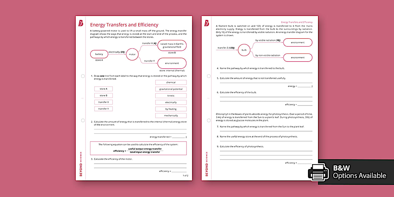 Energy Transfer Diagrams and Efficiency Worksheet - Twinkl